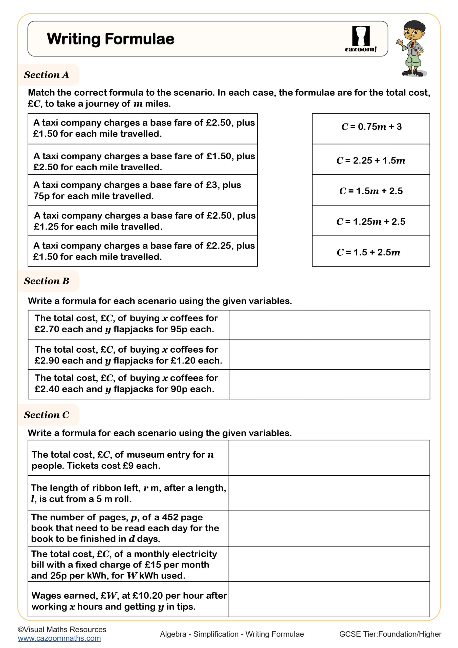 Writing Formulae Worksheet | Fun and Engaging Year 8 and Year 9 Algebra ...