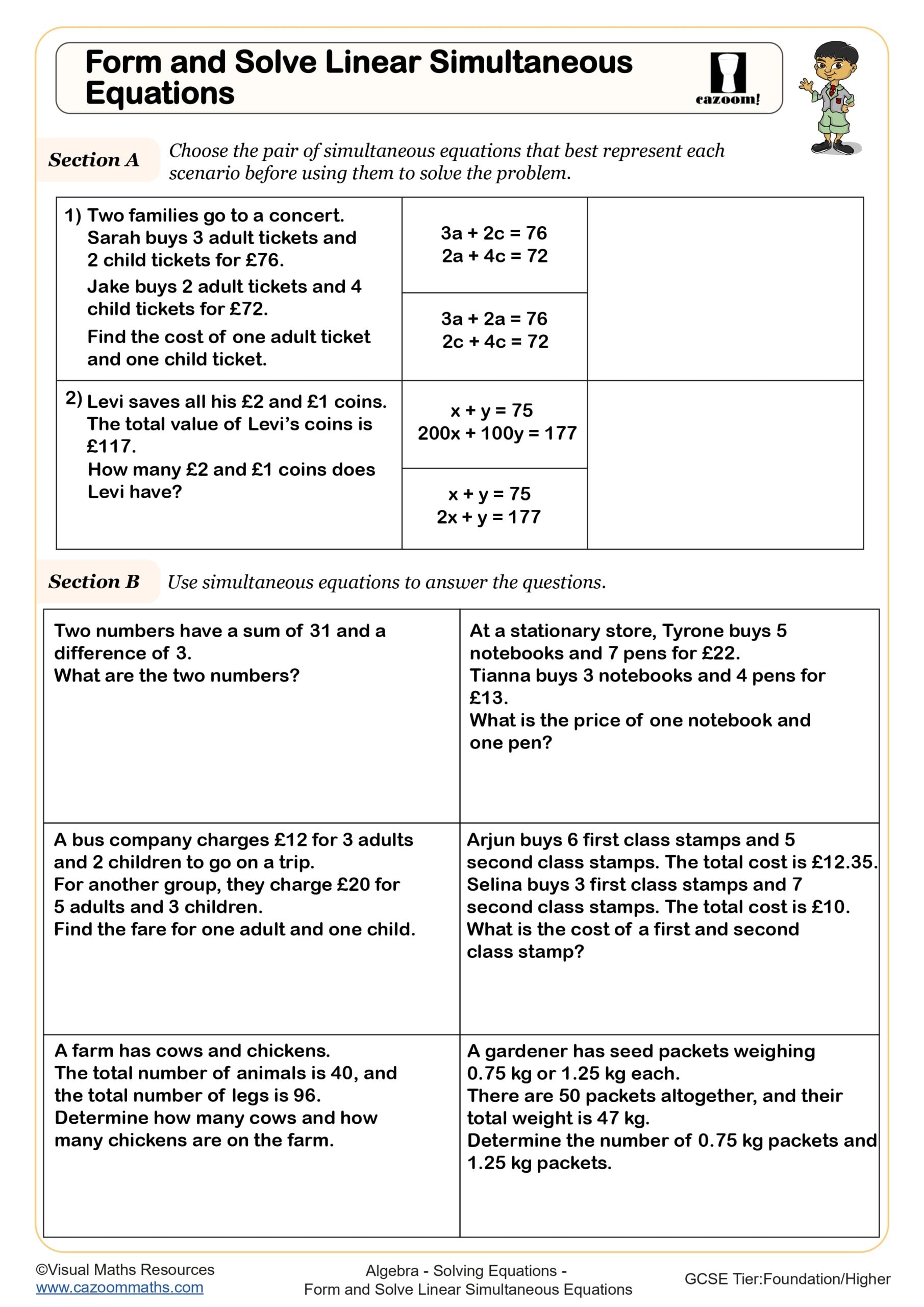 Form and Solve Linear Simultaneous Equations Worksheet | Fun and ...