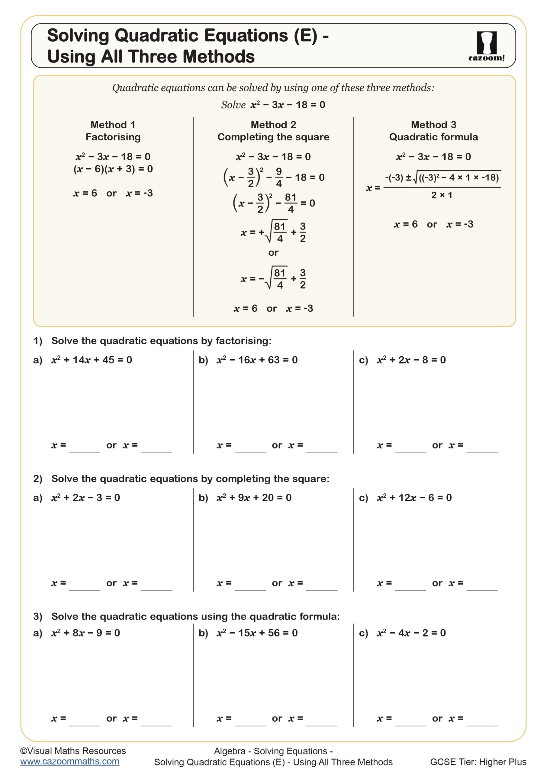 Solving Quadratic Equations (E) - Using all Three Methods Worksheet ...