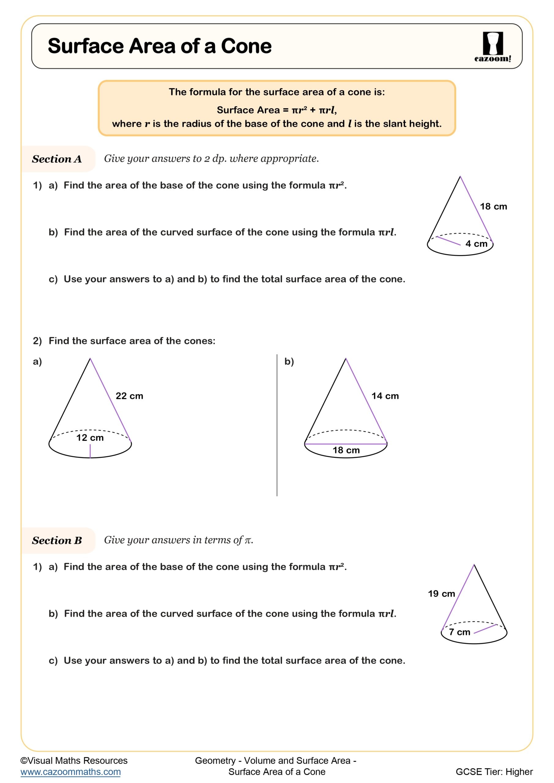 Surface Area of a Cone Worksheet | Fun and Engaging Year 10 and Year 11 ...