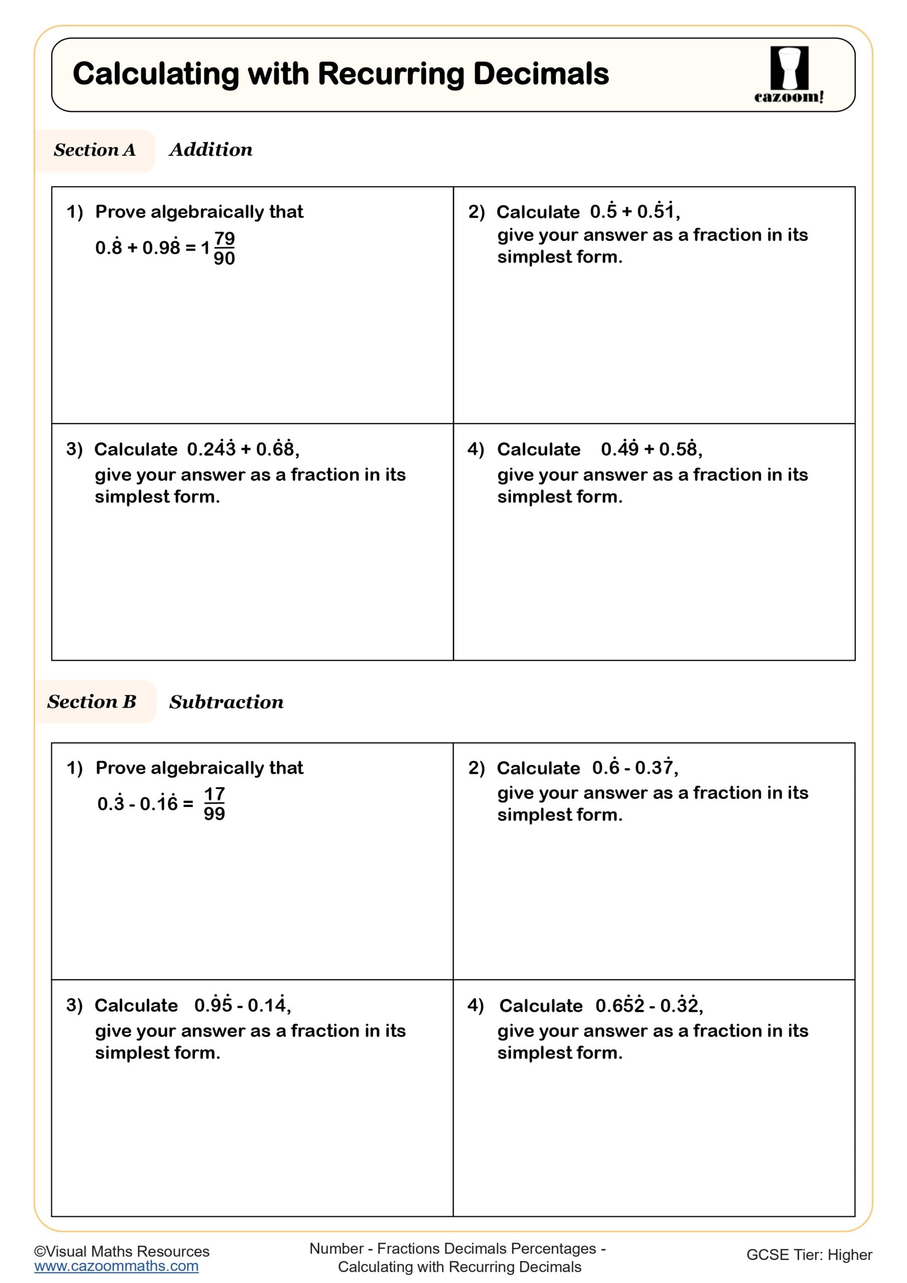 Calculating with Recurring Decimals Worksheet | Fun and Engaging Year ...