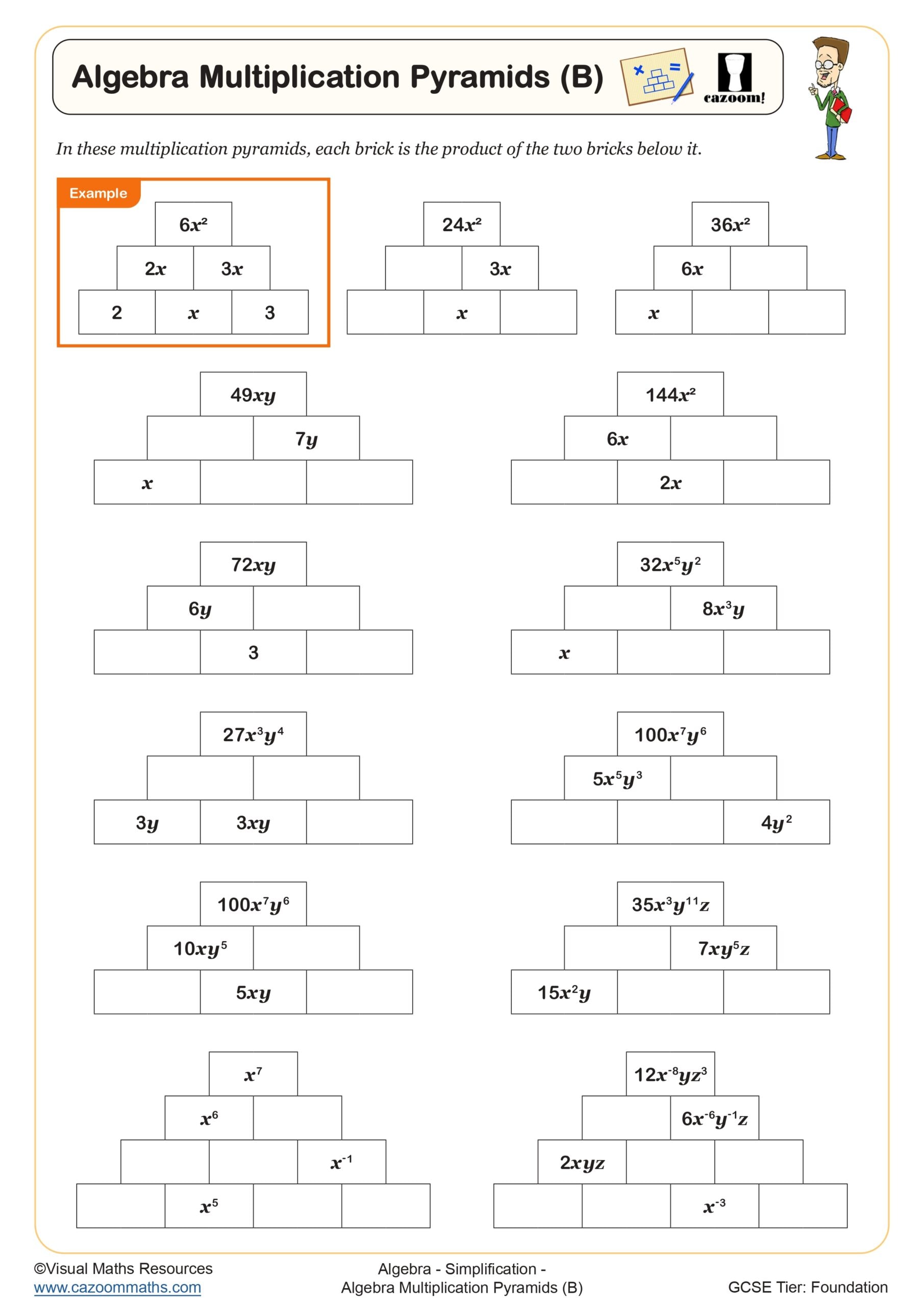 Algebra Multiplication Pyramids (B) Worksheet | Fun and Engaging Year 7 ...