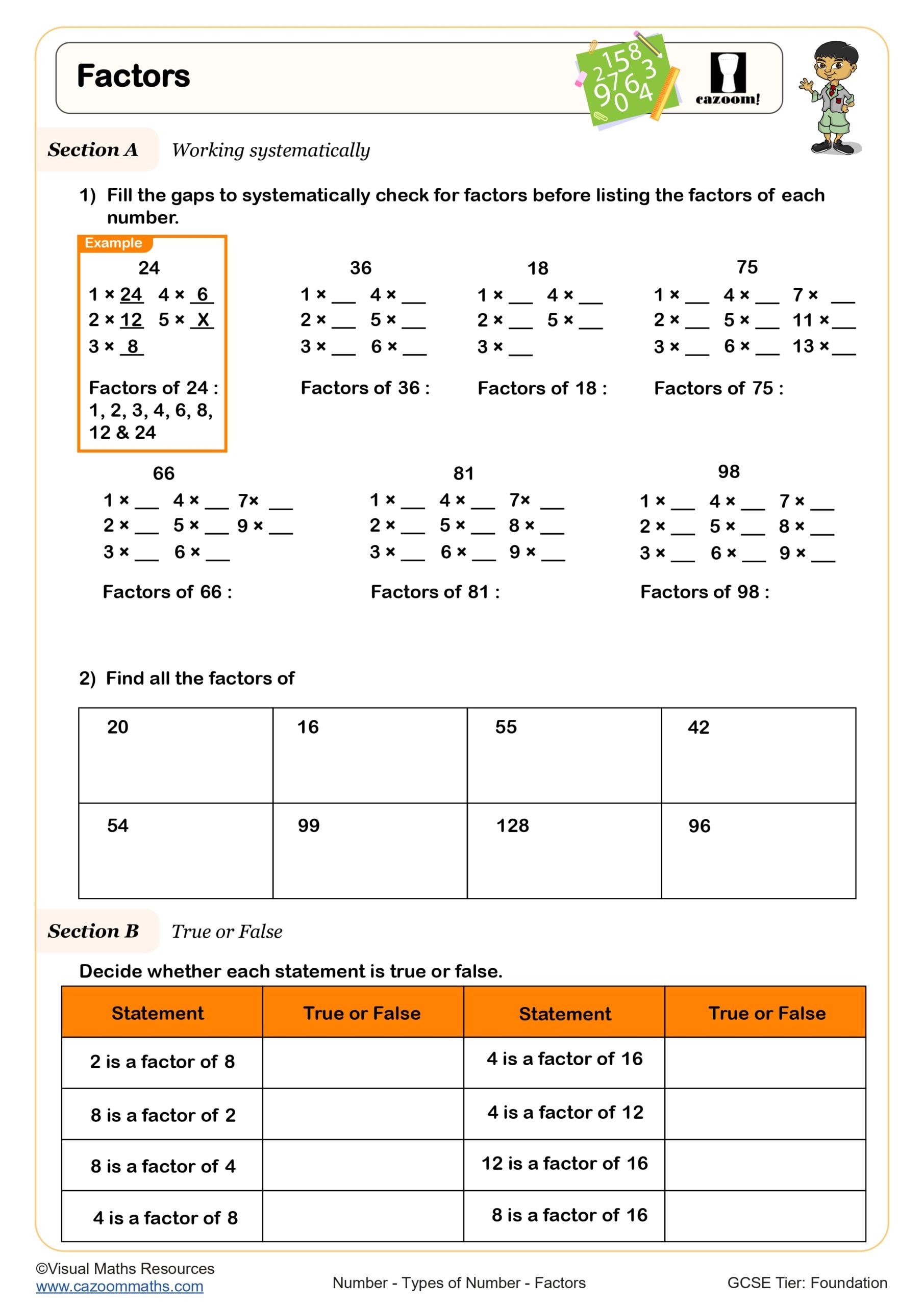 Factors Worksheet | Fun and Engaging Year 7 and Year 8 Number Worksheet