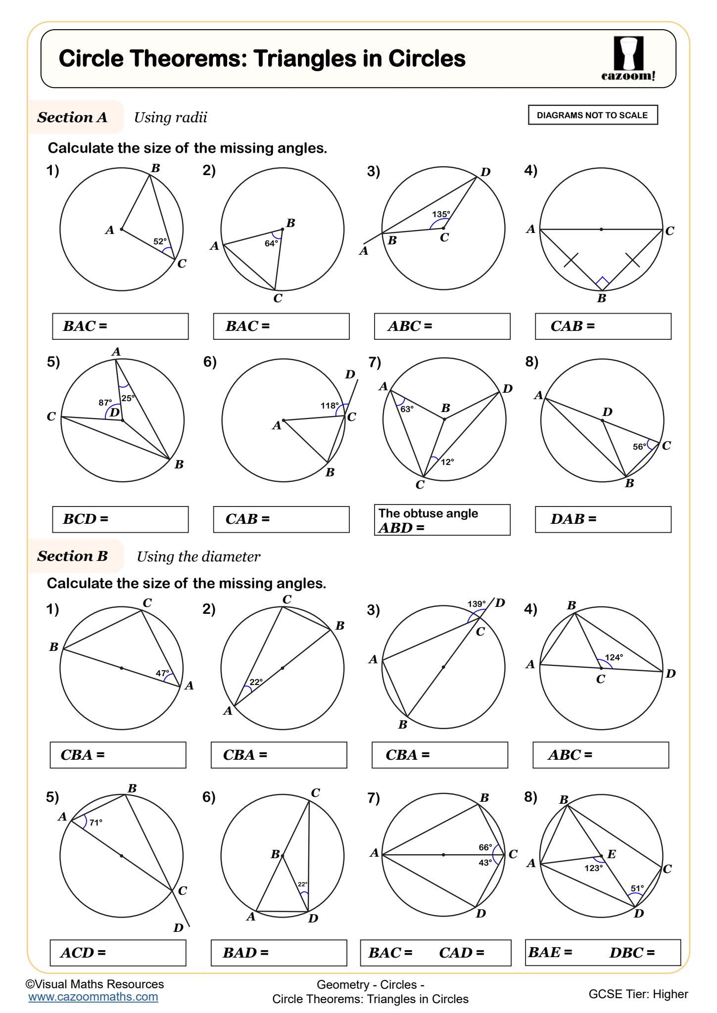 Circle Theorems Triangles In Circles Worksheet Fun And Engaging Year 10 And Year 11 Geometry