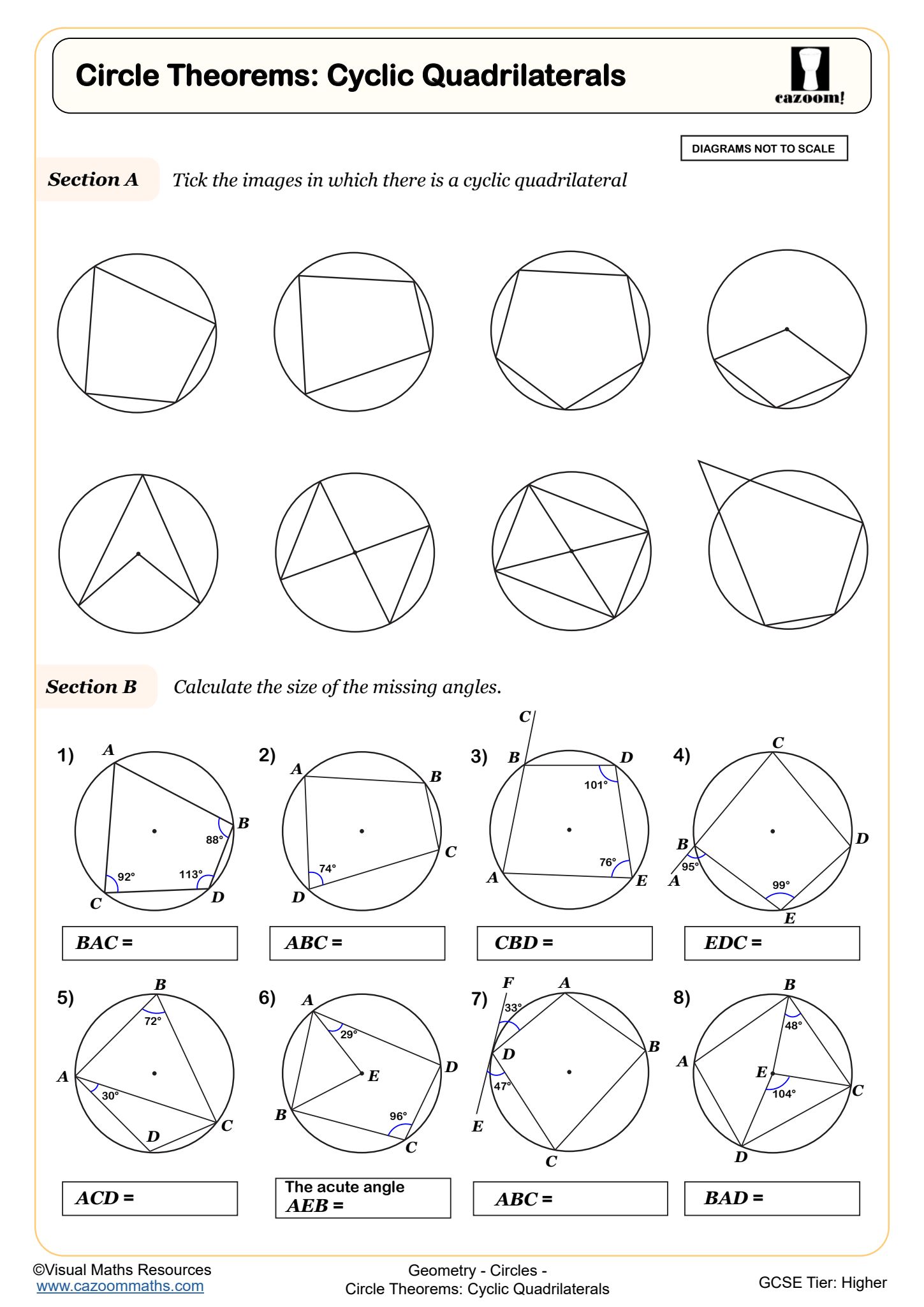 Circle Theorems: Cyclic Quadrilaterals Worksheet | Fun and Engaging ...