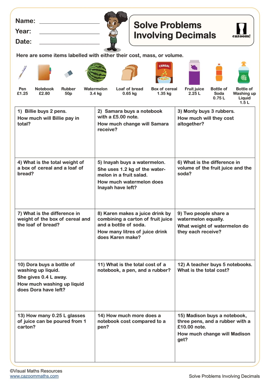 Solve Problems Involving Decimals Worksheet | Printable PDF Year 4 ...