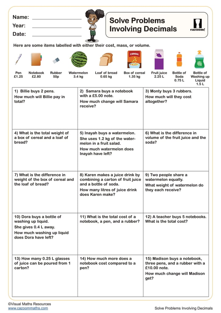 Solve Problems Involving Decimals Worksheet | Printable PDF Year 4 ...