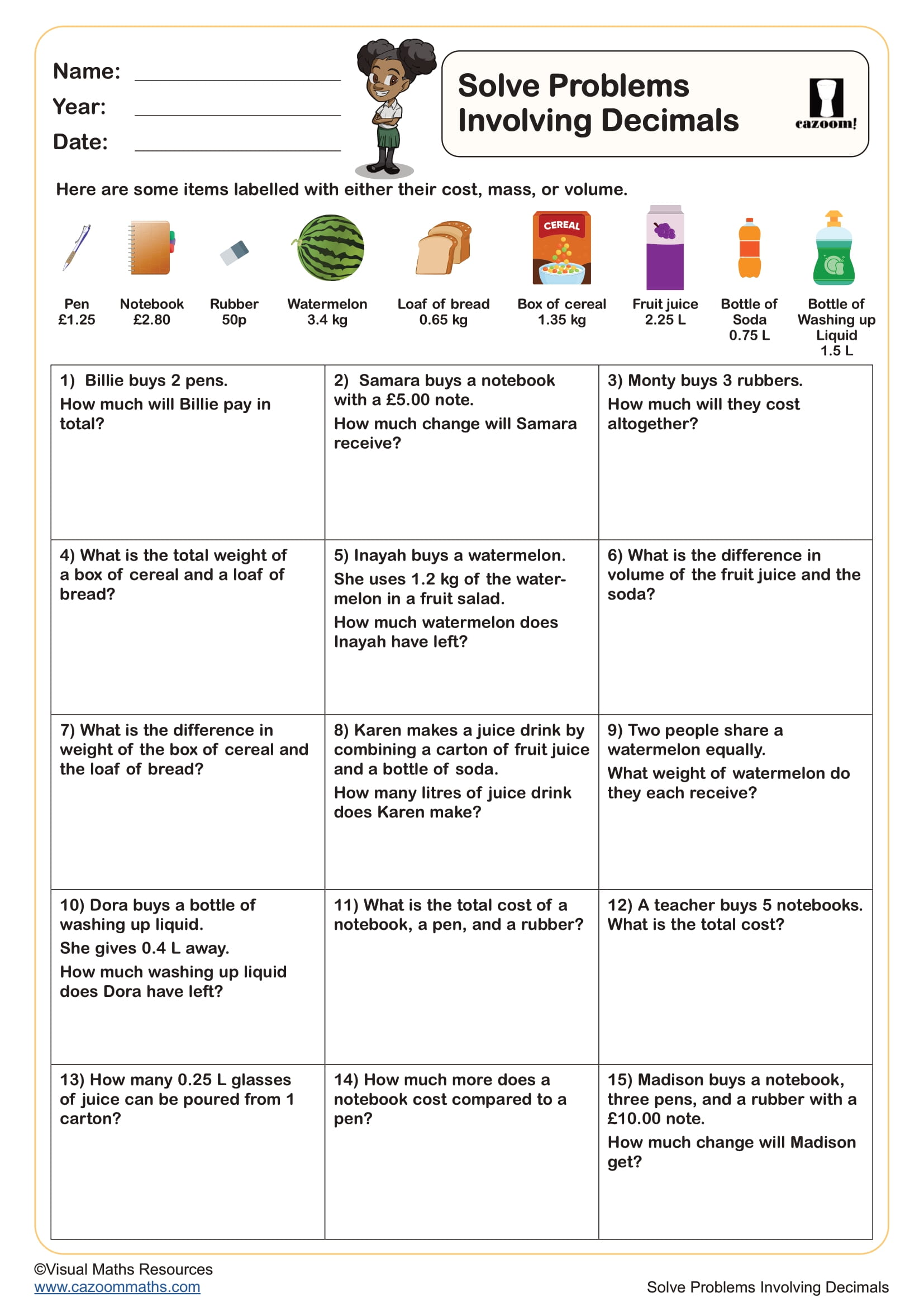 Solve Problems Involving Decimals Worksheet | Printable PDF Year 4 ...