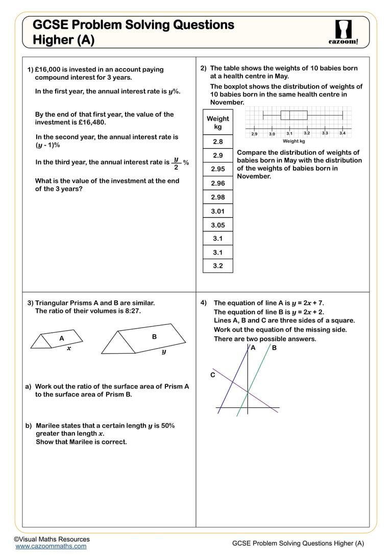 GCSE Problem Solving Questions: Foundation (A) | Printable GCSE Maths ...