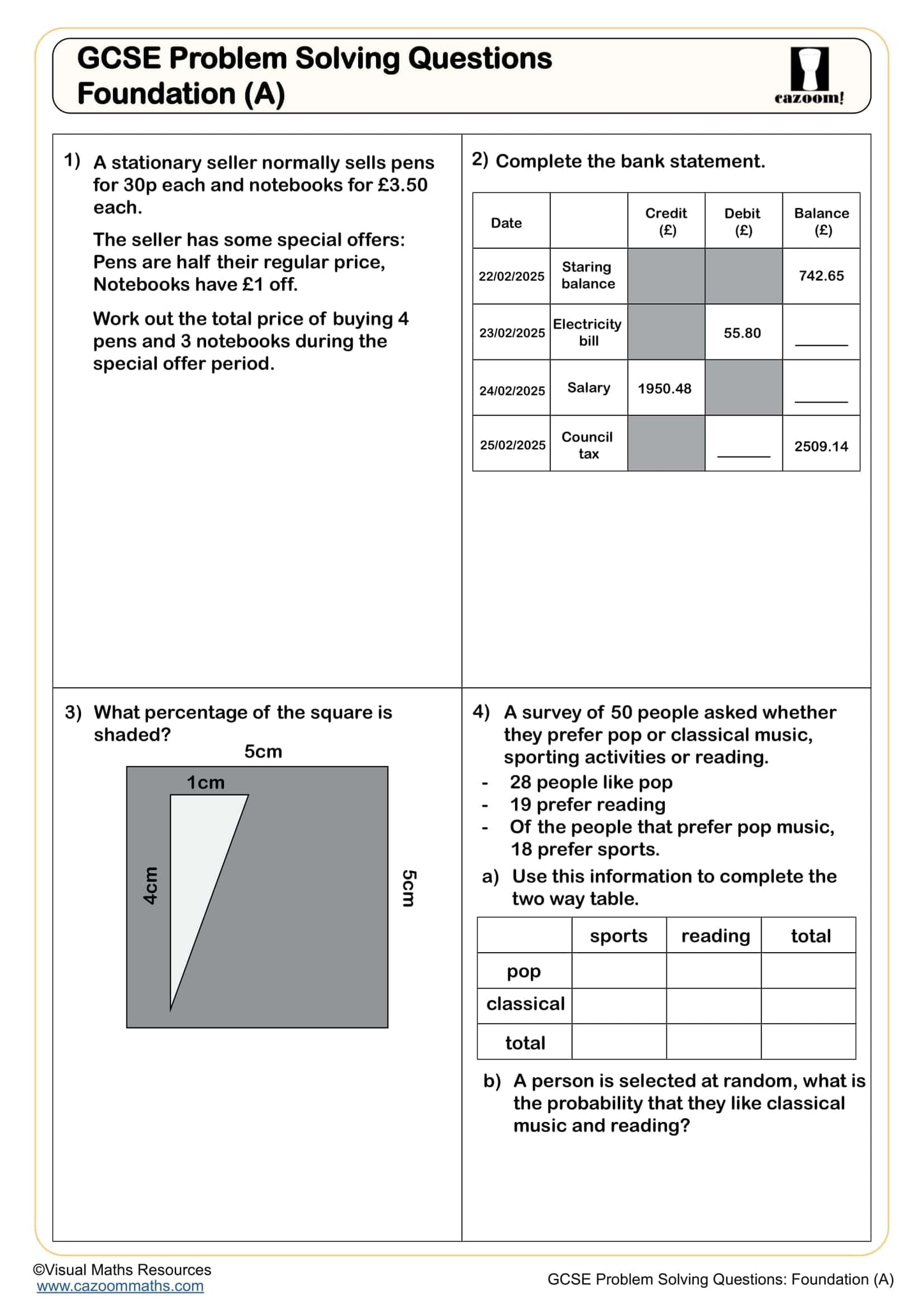 GCSE Problem Solving Questions Higher (A) Worksheet | Printable GCSE ...