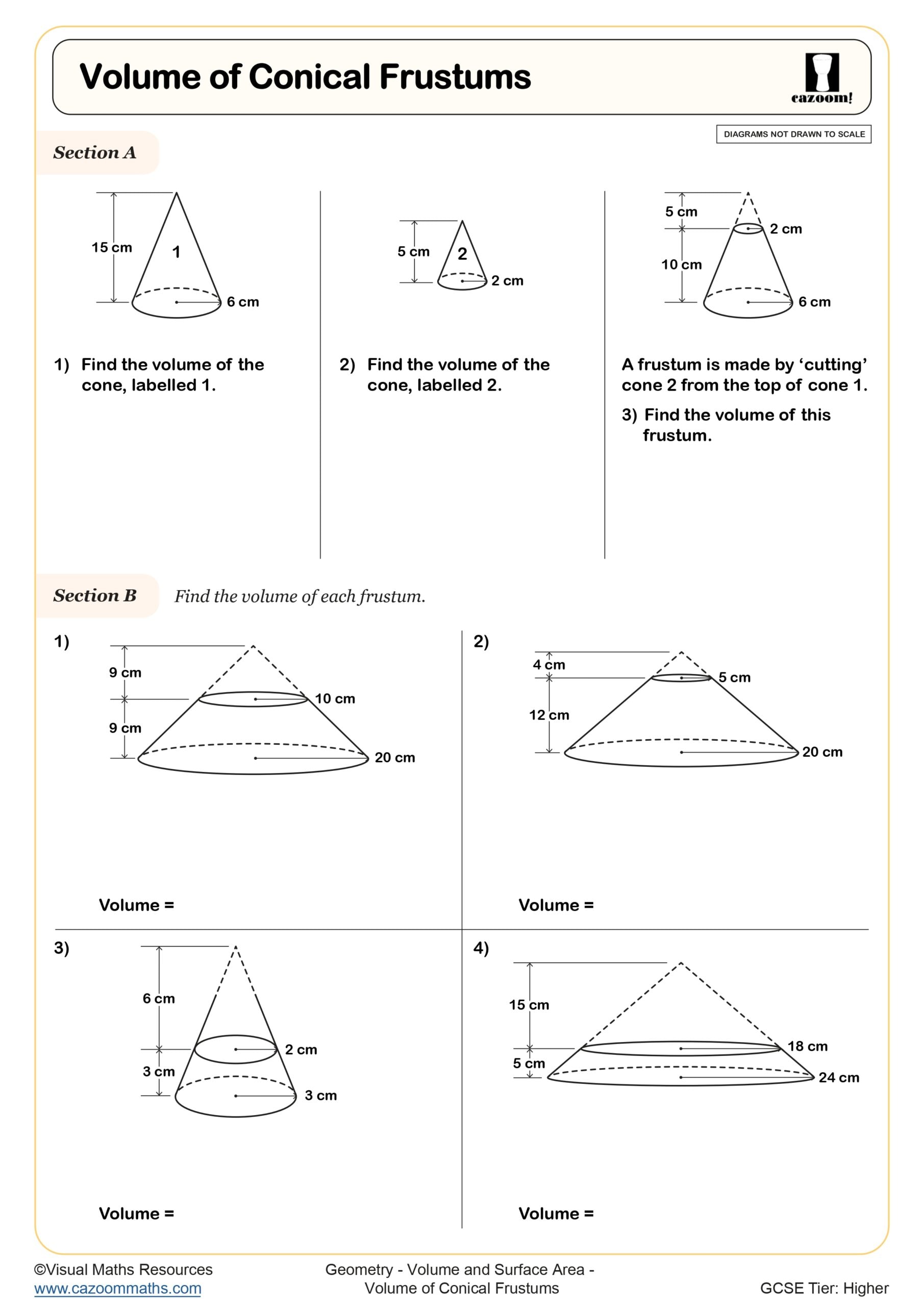 Volume of Conical Frustums Worksheet | Fun and Engaging Year 10 and ...