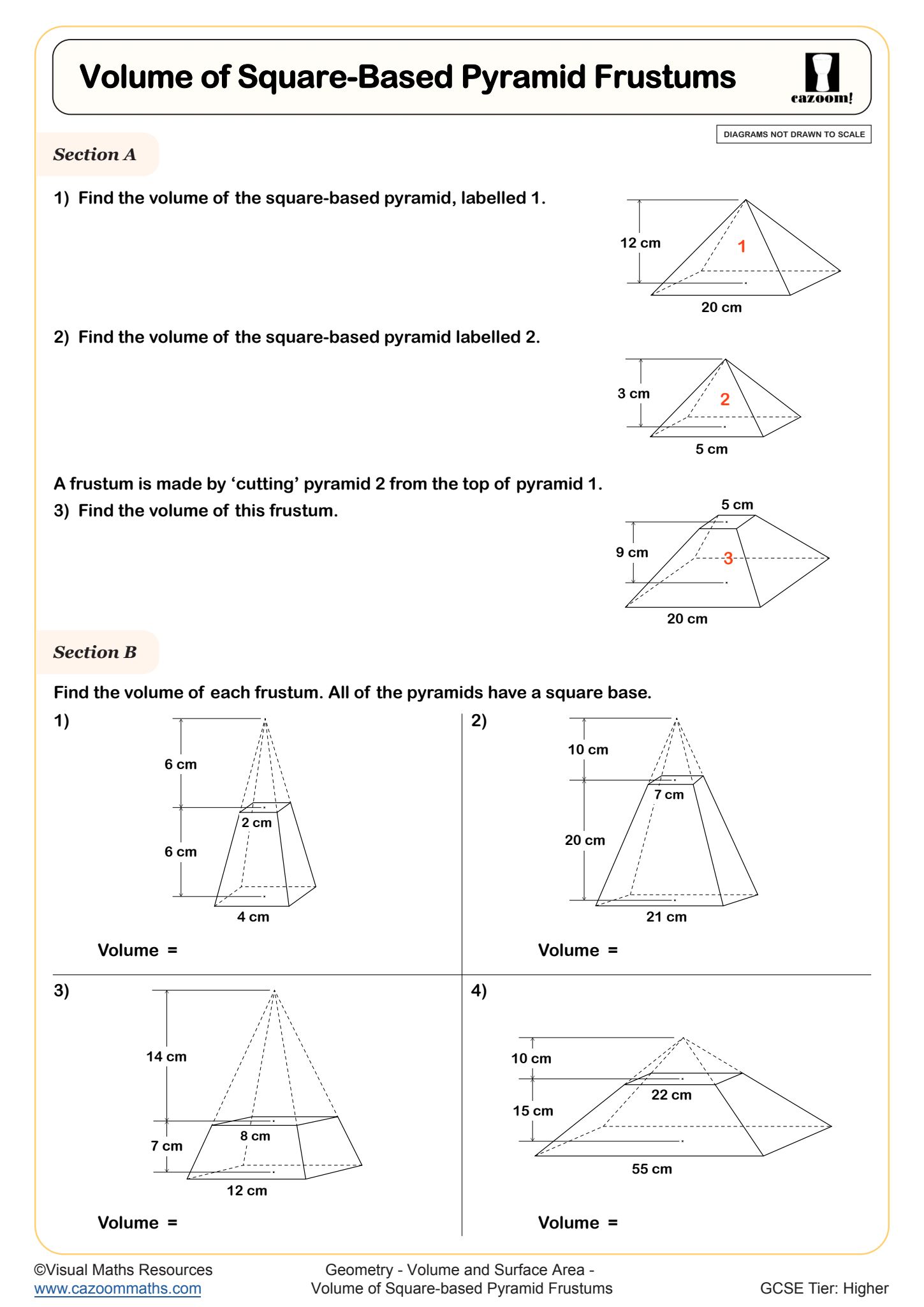 Volume of Square-based Pyramid Frustums Worksheet | Fun and Engaging ...
