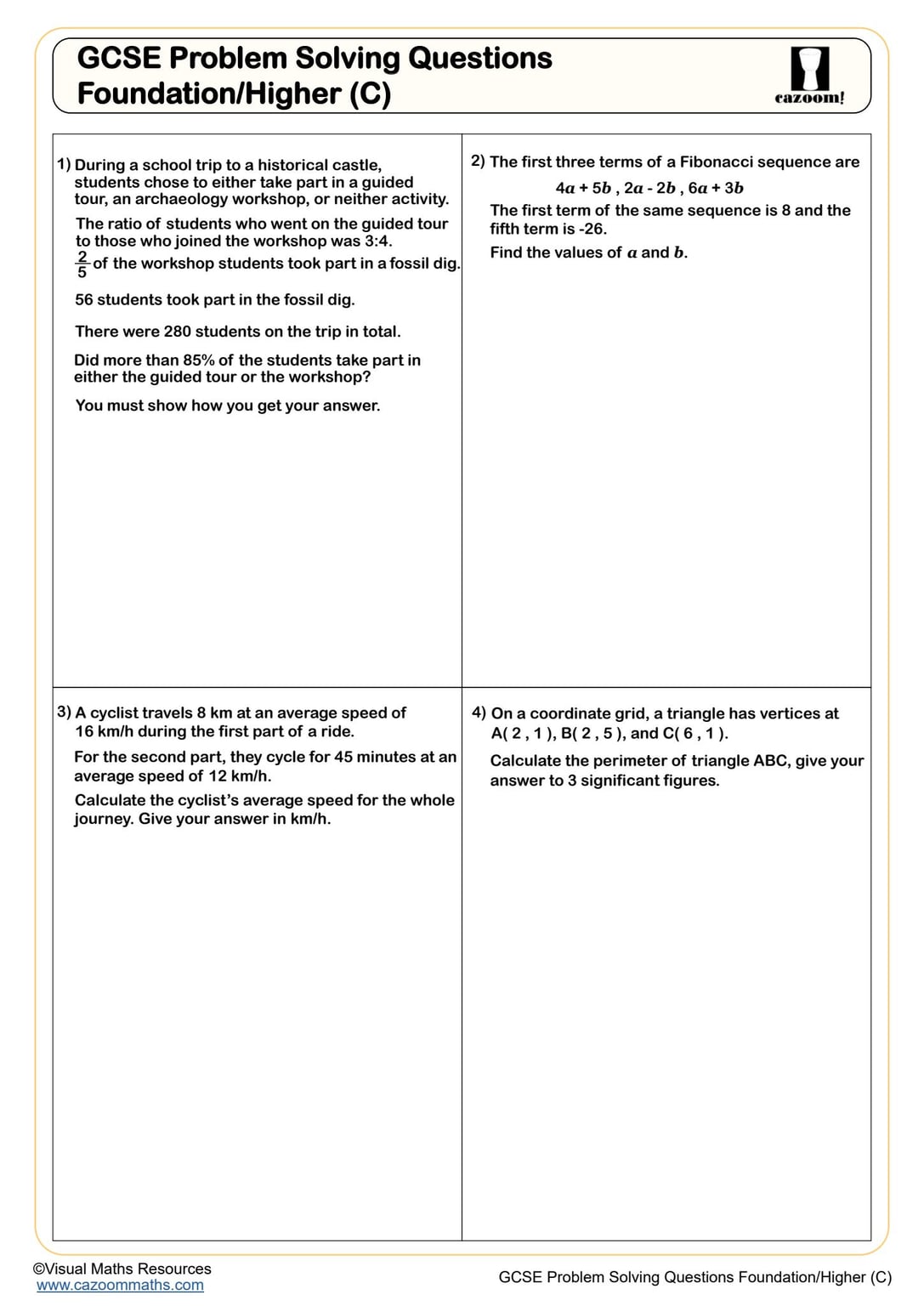 GCSE Problem Solving Questions Foundation/Higher (C) Worksheet ...