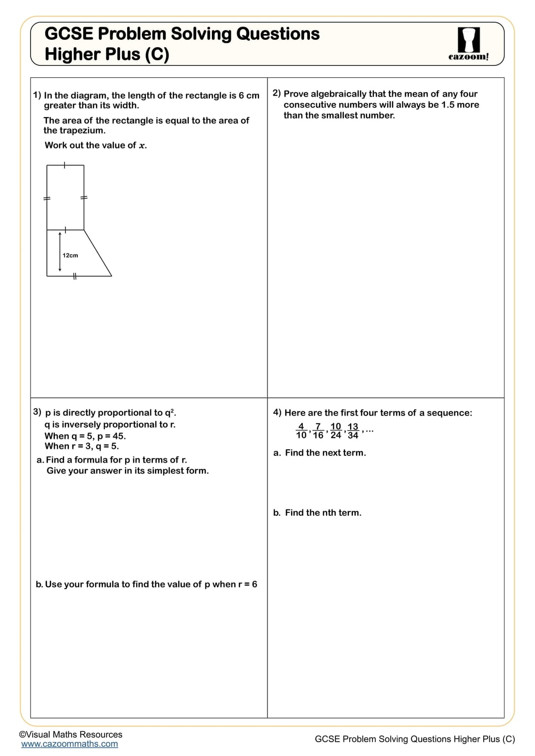 GCSE Problem Solving Questions Higher Plus (C) Worksheet | Printable ...