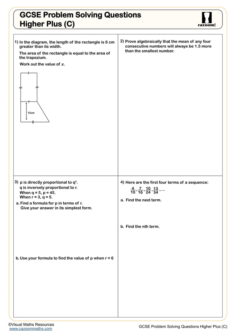 GCSE Problem Solving Questions Higher Plus (C) Worksheet | Printable ...
