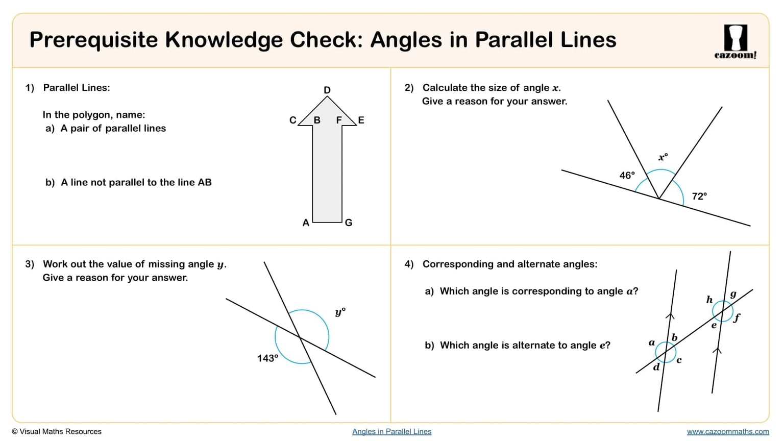 Free Angles in Parallel Lines Prerequisite Knowledge Check | Year 8 and ...