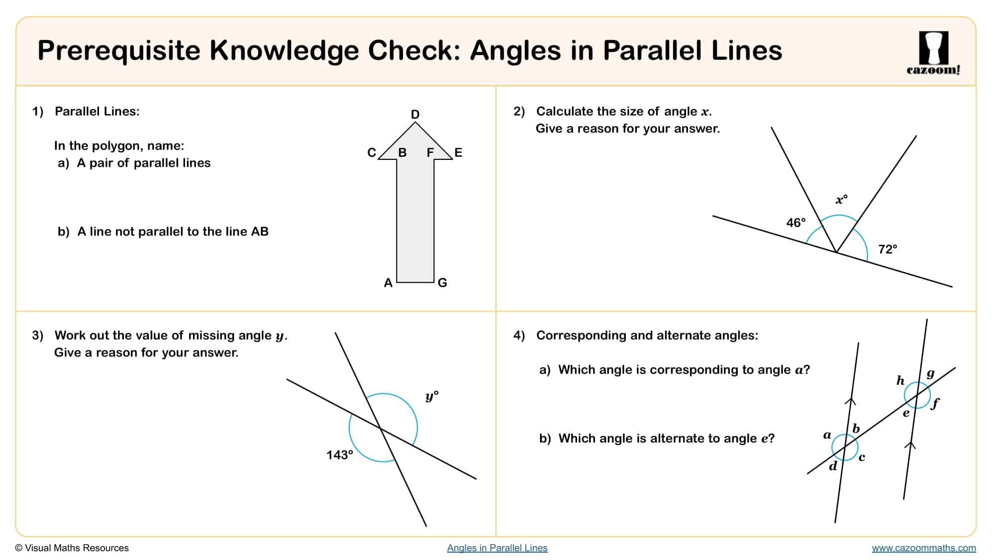 Free Angles in Parallel Lines Prerequisite Knowledge Check | Year 8 and ...