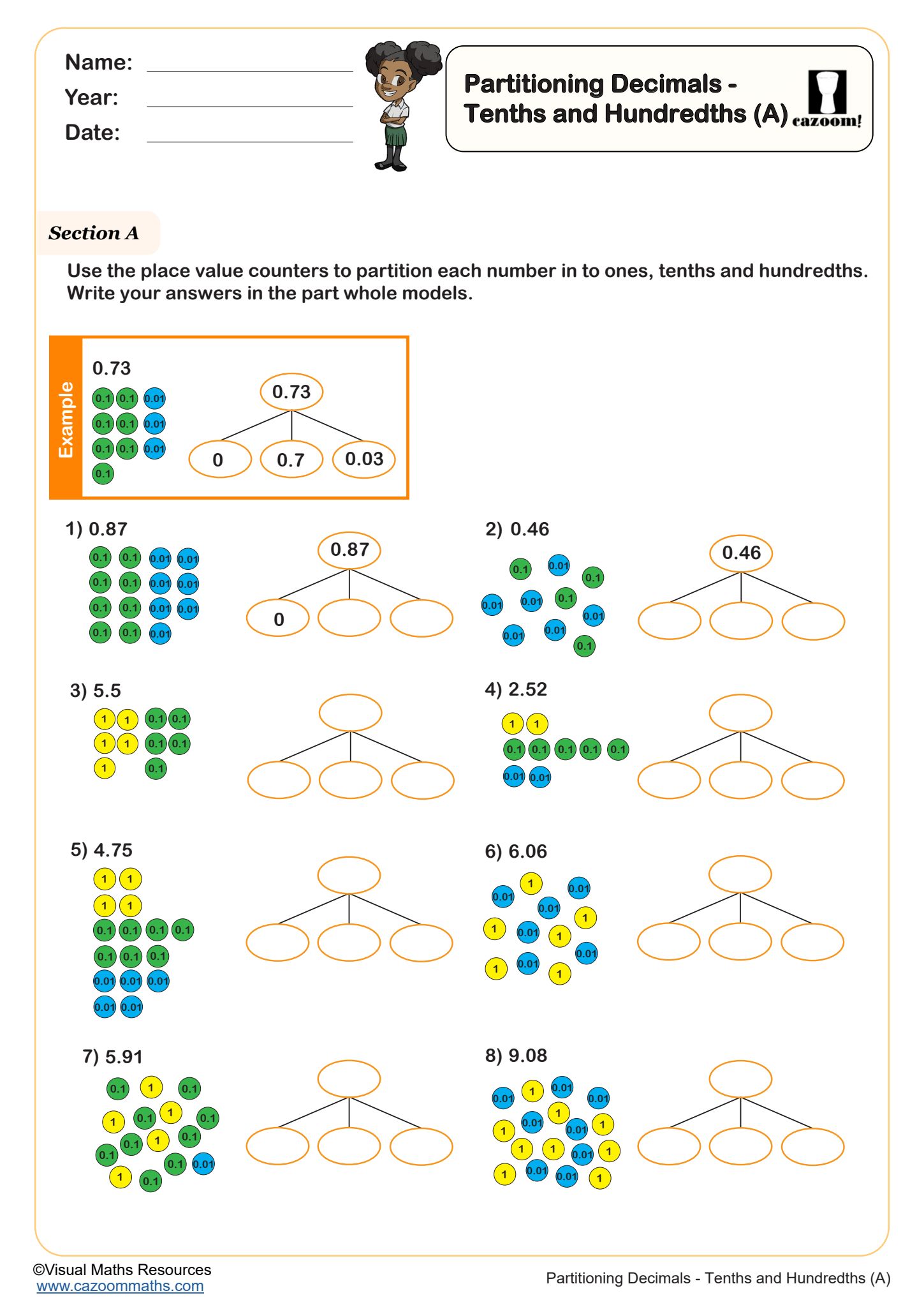 Partitioning Decimals - Tenths and Hundredths (B) Worksheet | Fun and ...