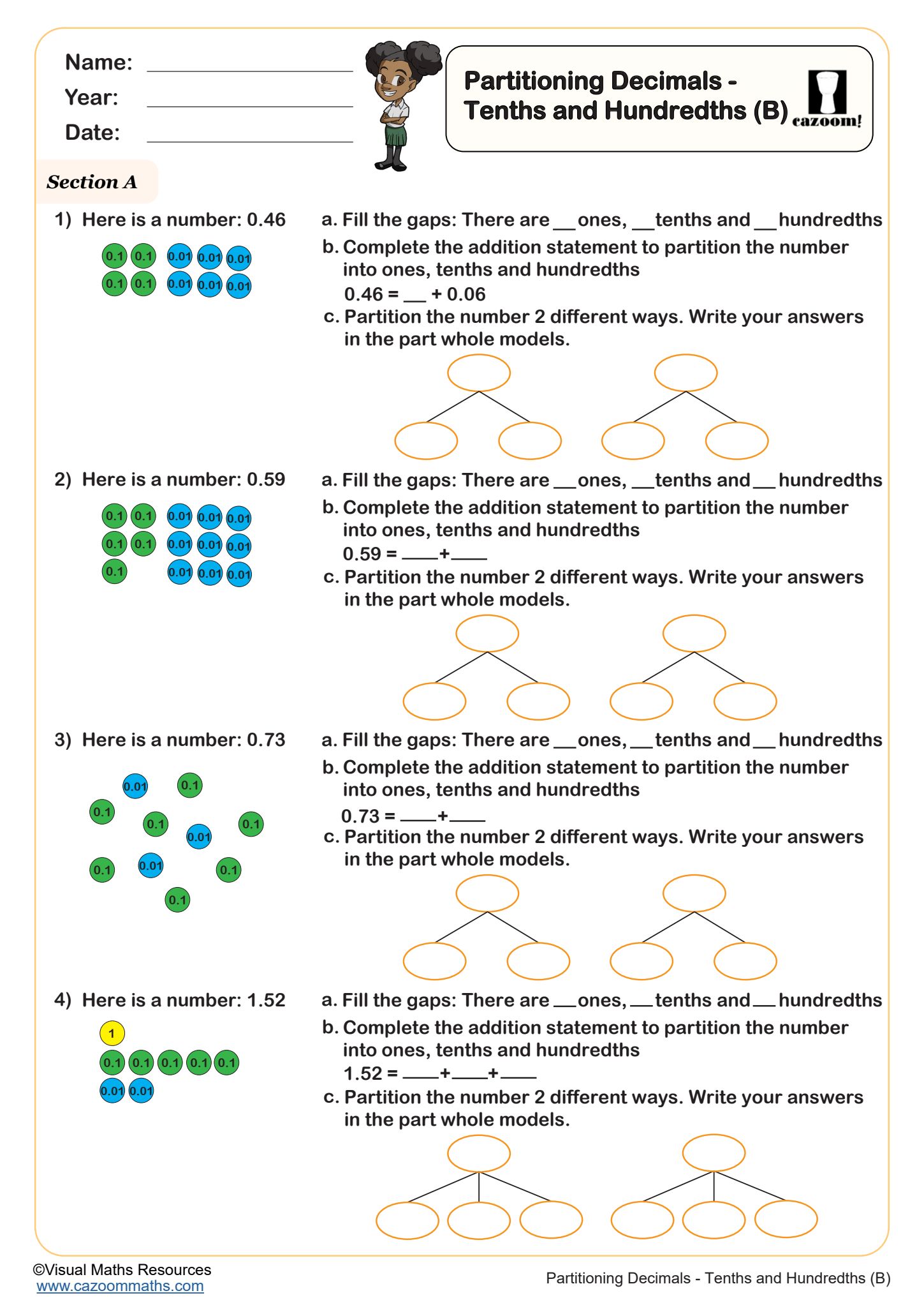 Partitioning Decimals - Tenths and Hundredths (B) Worksheet | Fun and ...