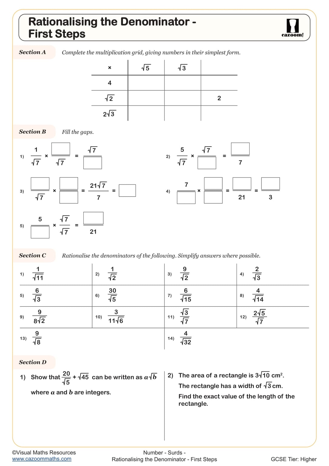 Rationalising the Denominator - First Steps Worksheet | Fun and ...