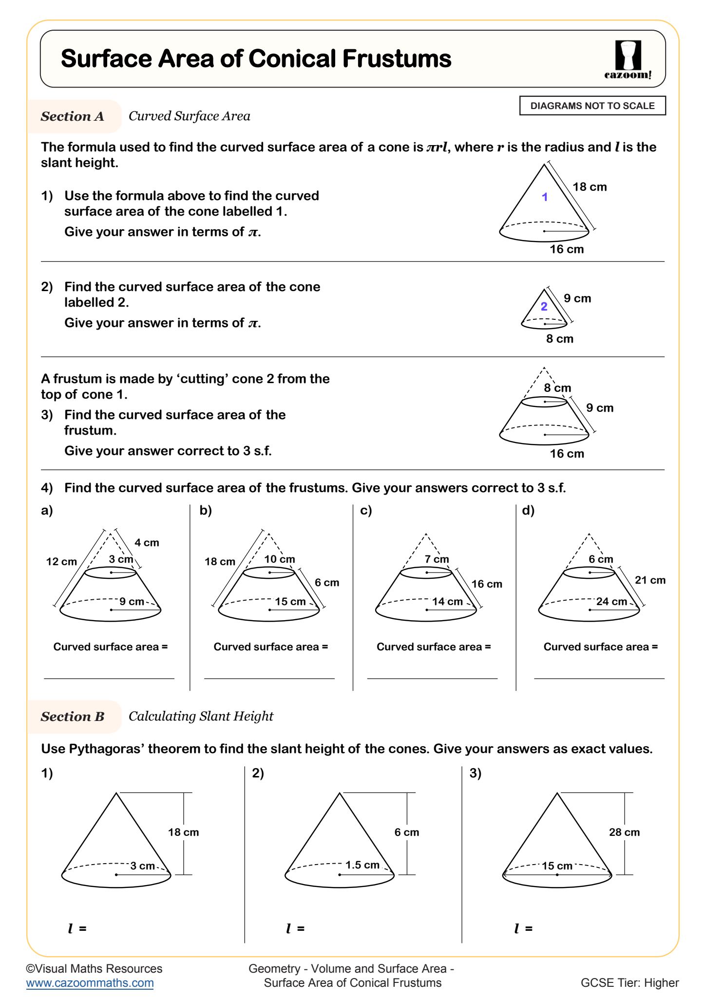Surface Area of Conical Frustums Worksheet | Fun and Engaging Year 7 and Year 8 Geometry Worksheet