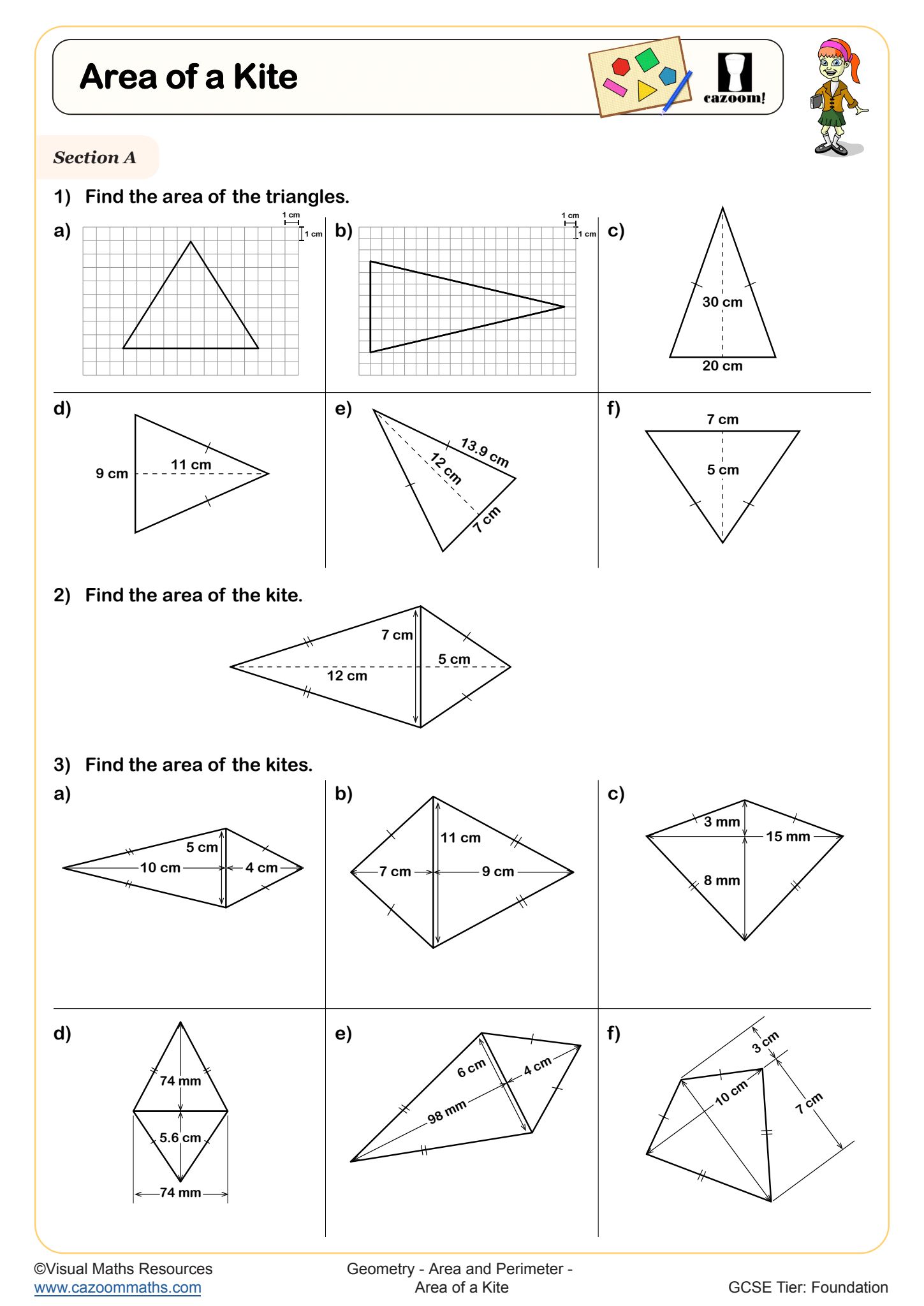 Area of a Kite Worksheet | Fun and Engaging Year 8 and Year 9 Geometry ...
