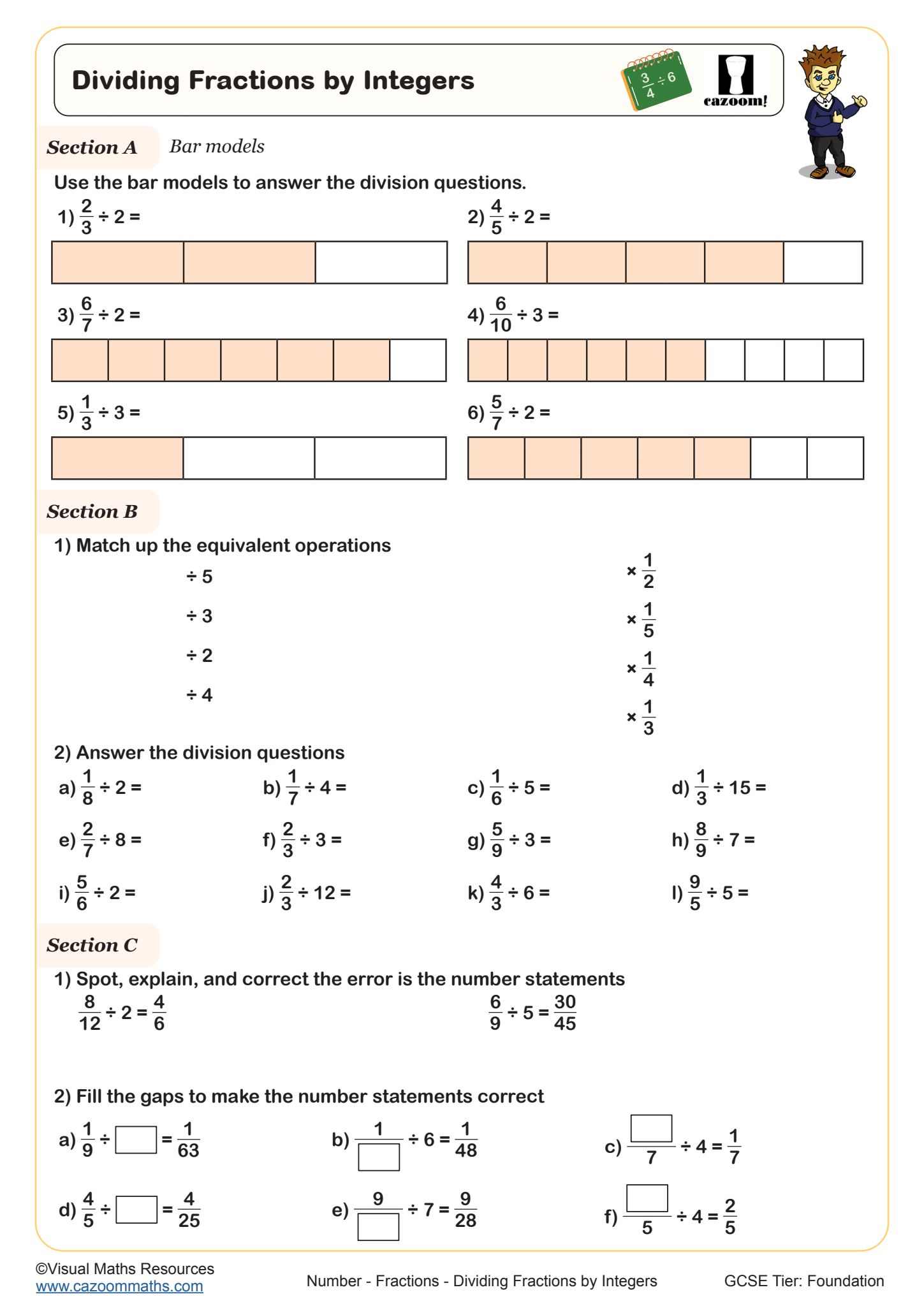 Dividing Fractions by Integers Worksheet | Fun and Engaging Year 7 and ...