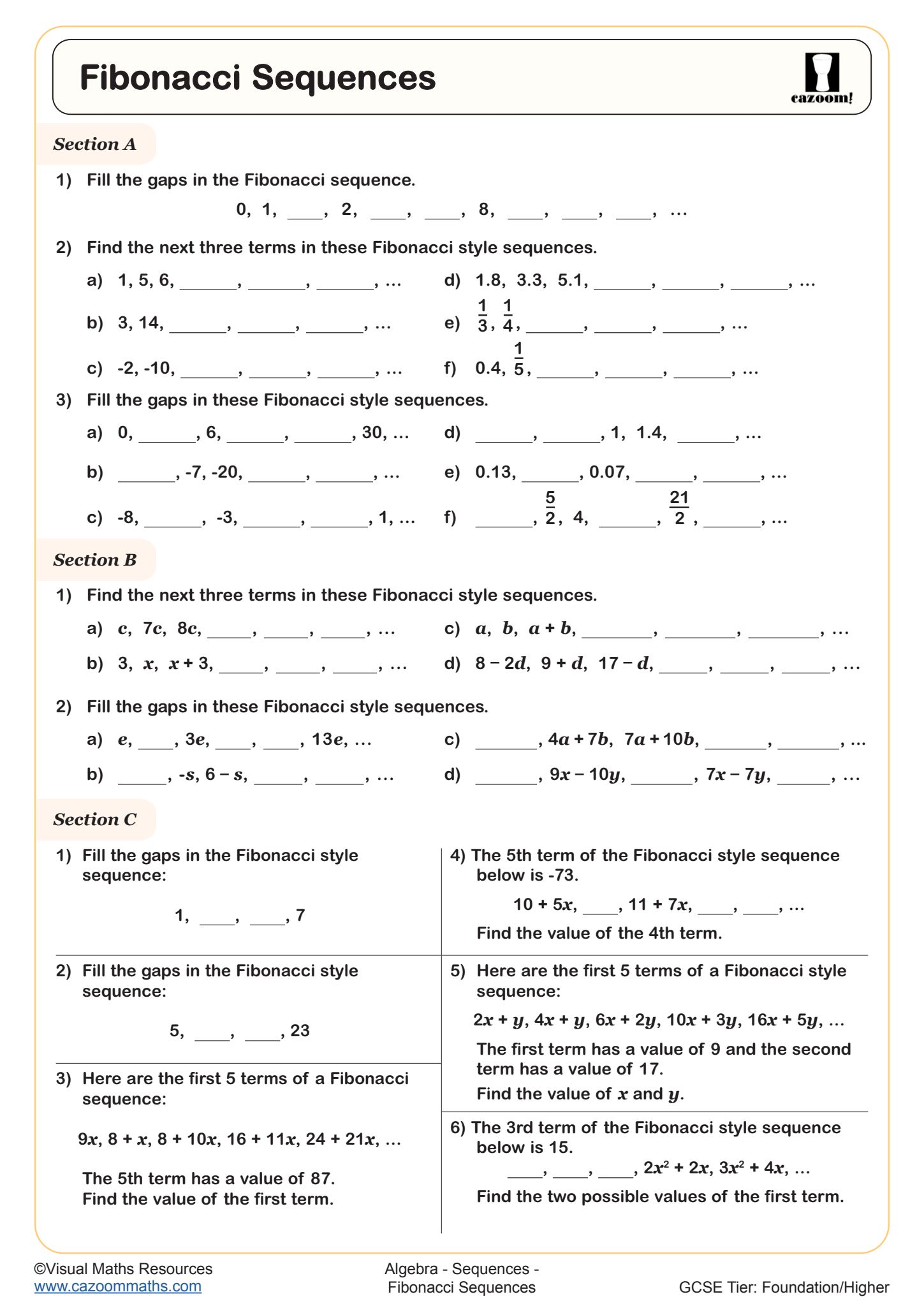 Year 10 Sequences Worksheets with Answers