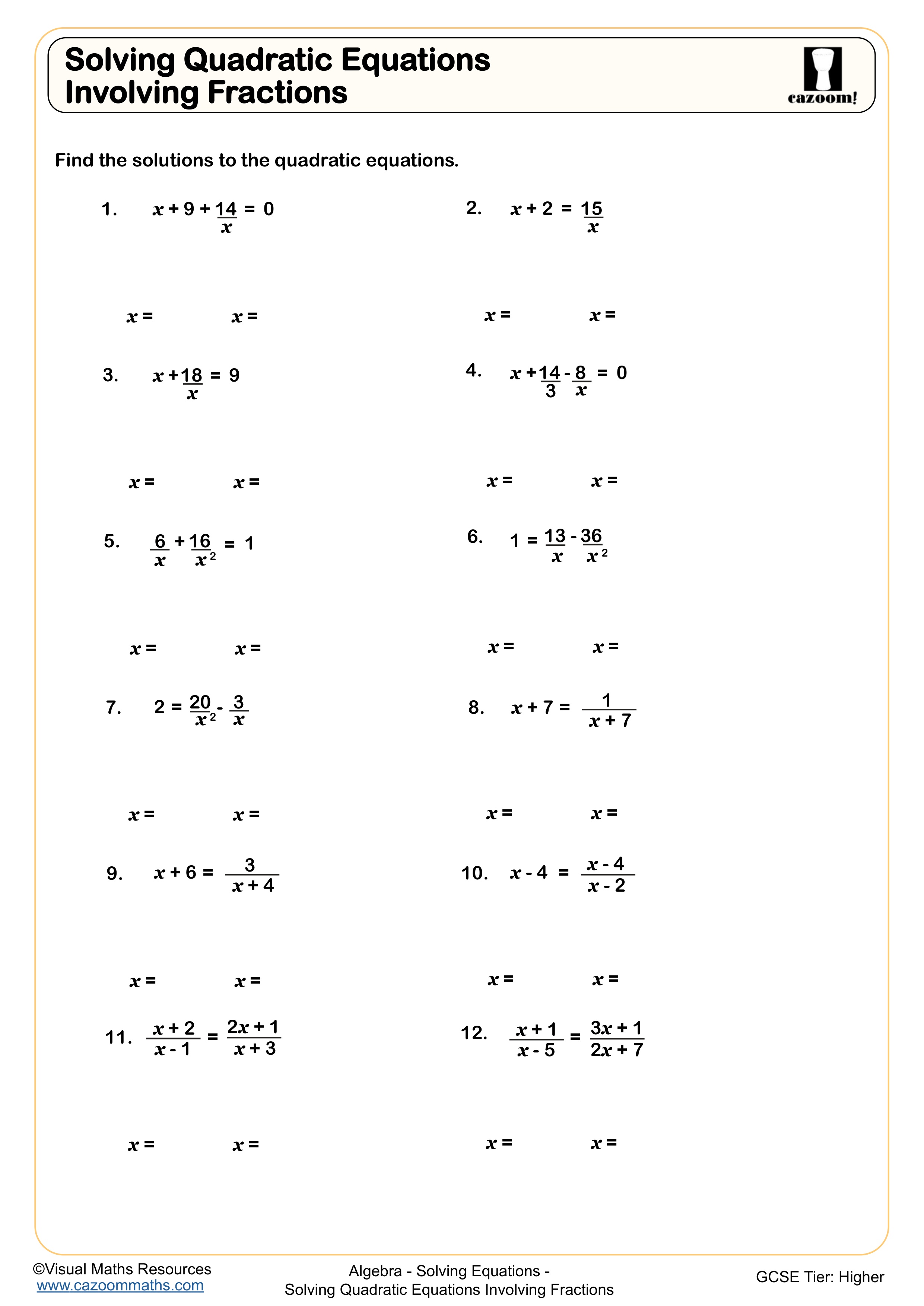Solving Quadratic Equations PDF Worksheets | Fun and Engaging Algebra Worksheets