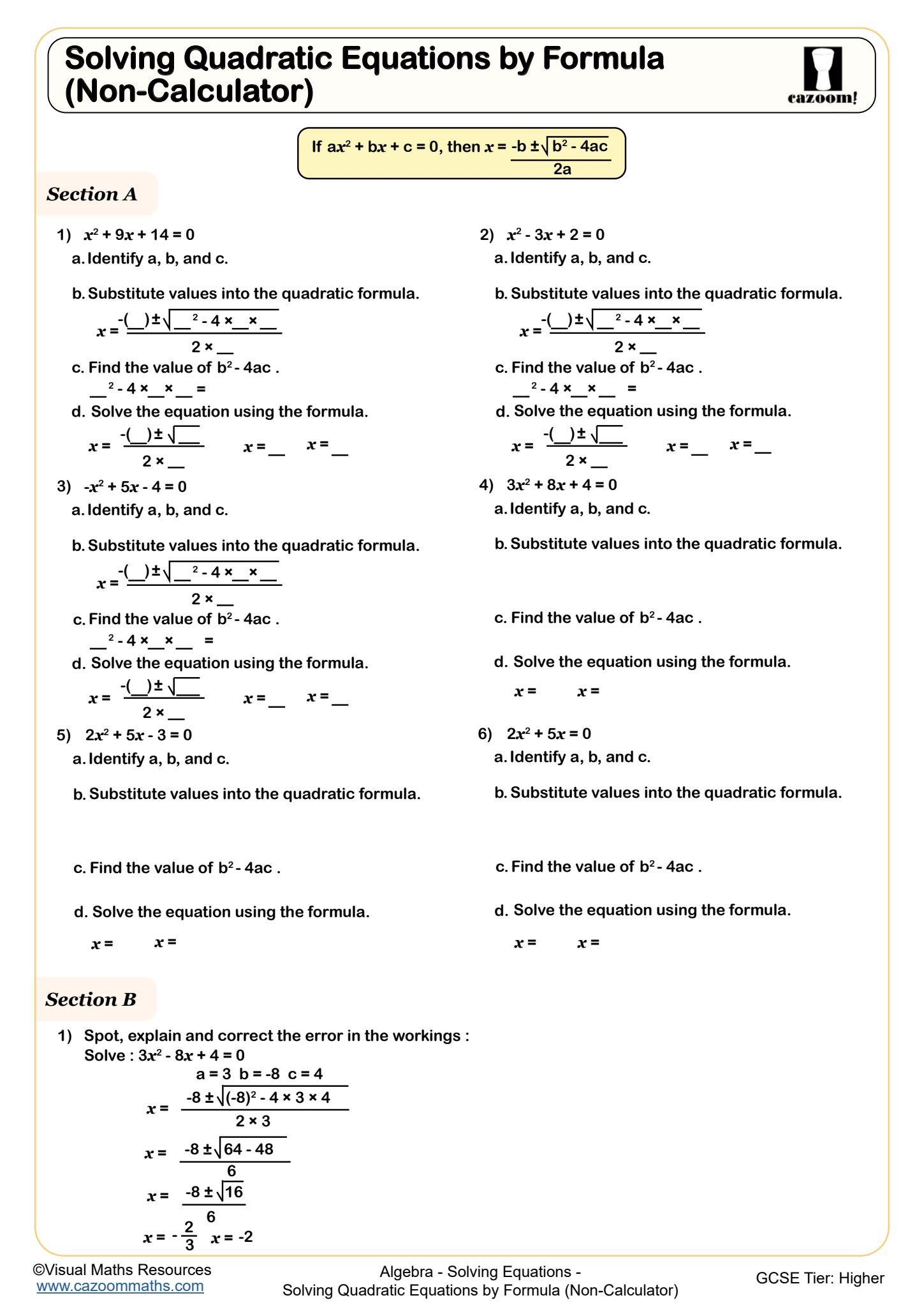 Solving Quadratic Equations by Formula (Non-Calculator) Worksheet ...