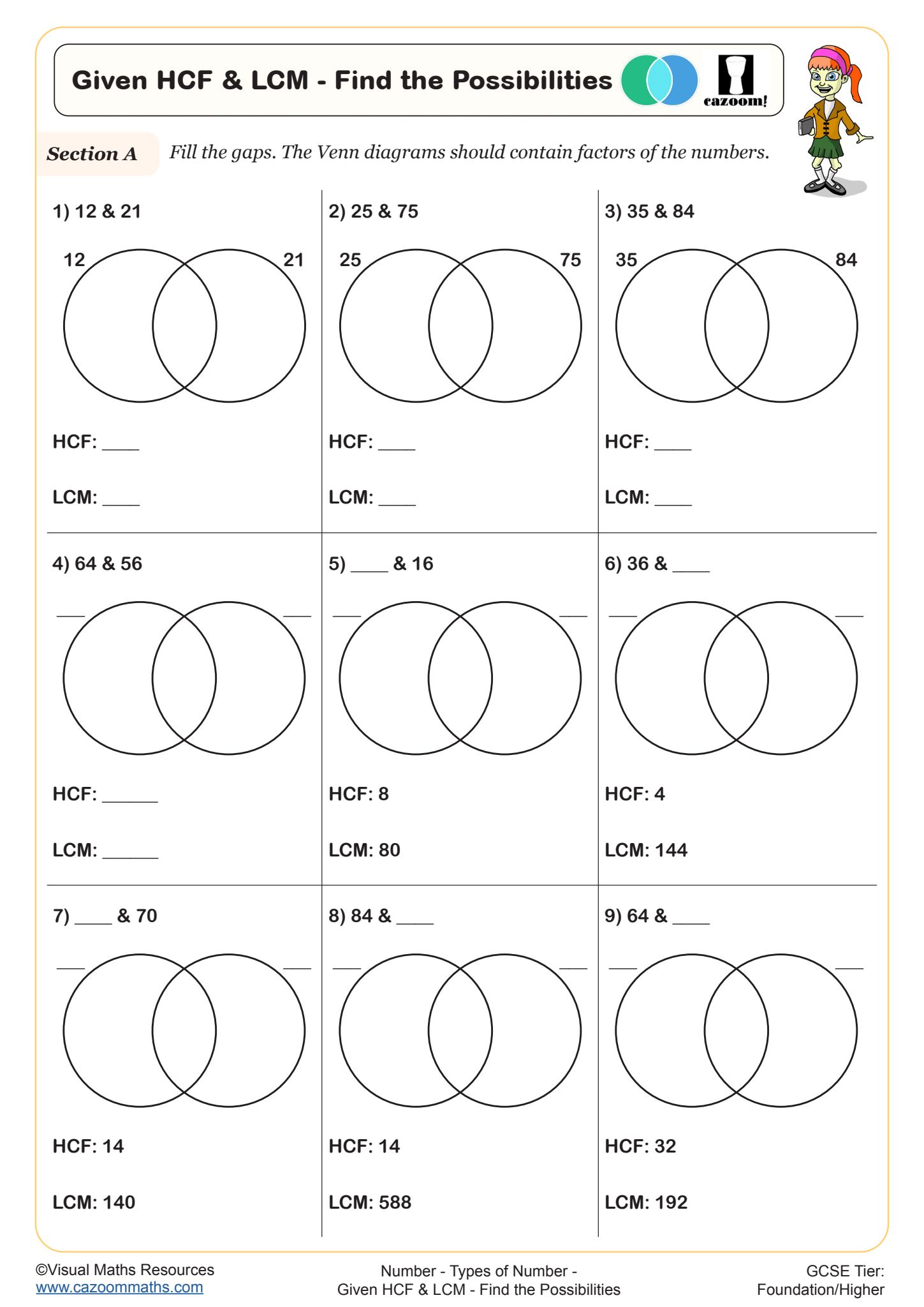 Given HCF & LCM - Find Possible Numbers Worksheet | Printable PDF Year ...