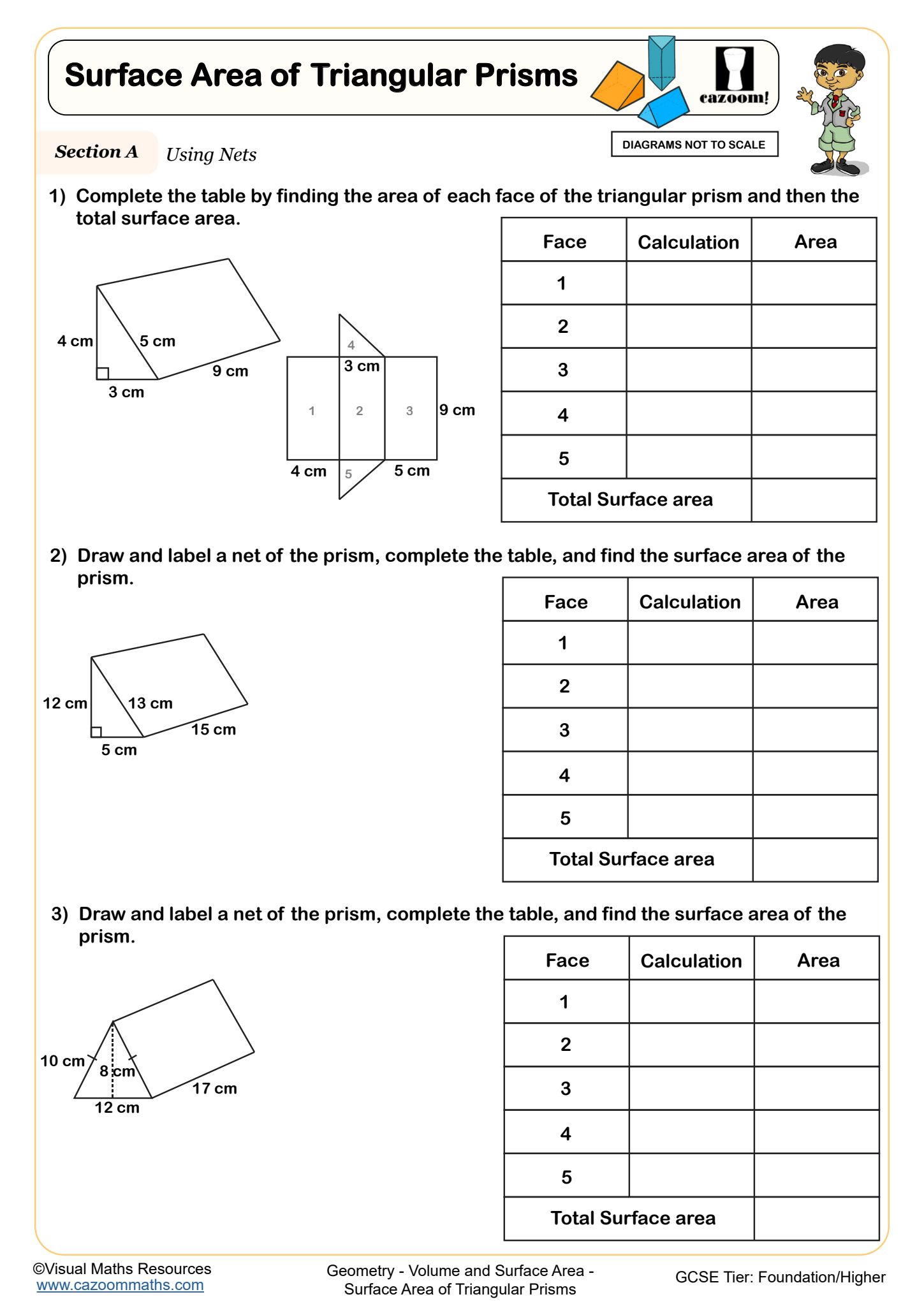 Surface Area of Triangular Prisms Worksheet | Printable PDF Year 9 and ...