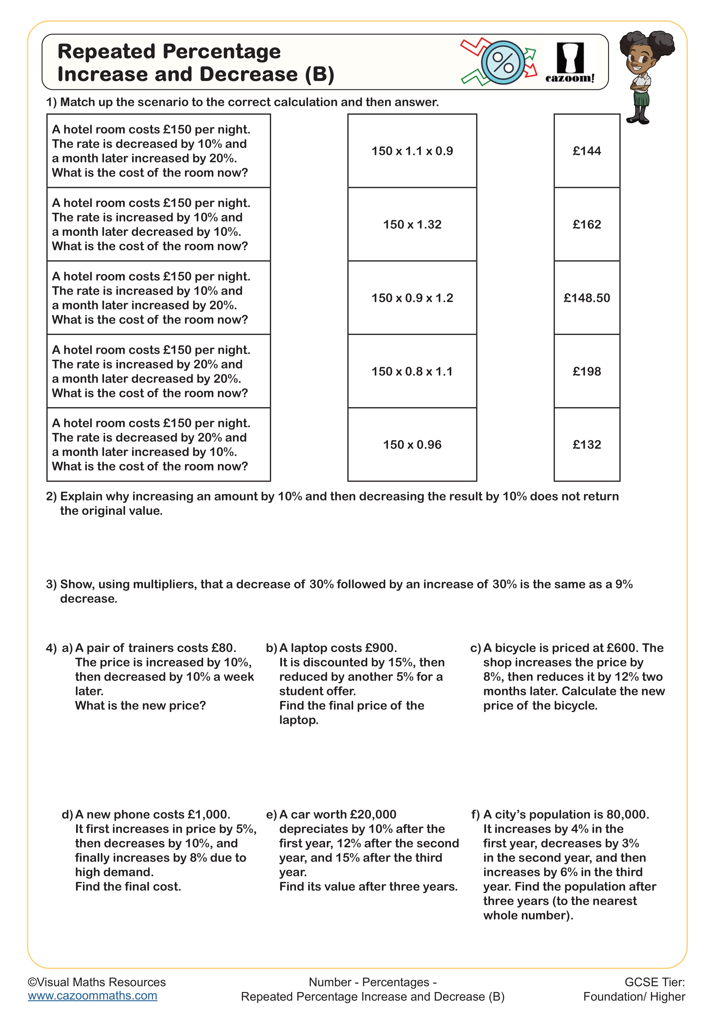 Percentage Increase & Decrease Worksheets | KS3-KS4