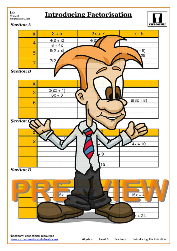 KS3 and KS4 Factorising Worksheets | Cazoom Maths Worksheets