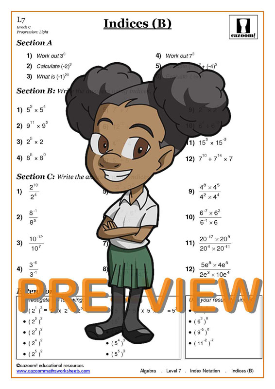Cazoom Maths Worksheets - Indices Maths Worksheets