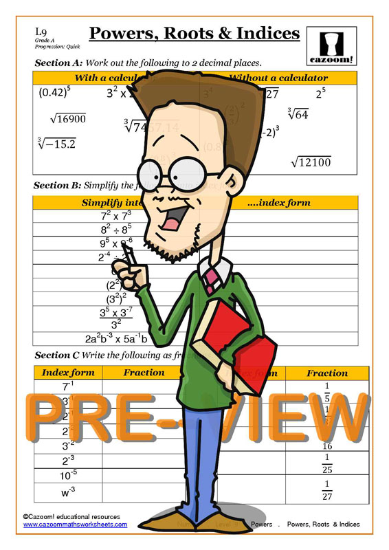 Cazoom Maths Worksheets - Indices Maths Worksheets