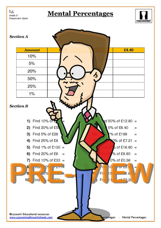 KS3 and KS4 Percentages Worksheets - Printable Percentages of Amounts ...