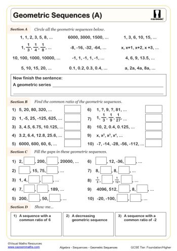 Quadratic Sequences Worksheets - Printable Geometric and Linear ...